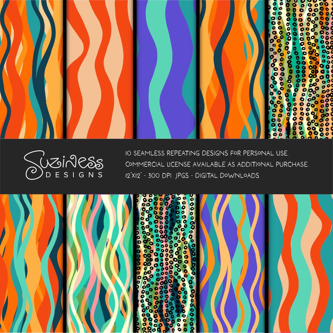 Vibrant Wavy Stripes Digital Paper: 10 Seamless Designs (digital ...