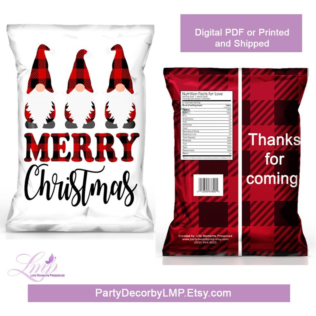 Gnome Christmas Chip Bag - Christmas Favor Bag - Buffalo Plaid ...