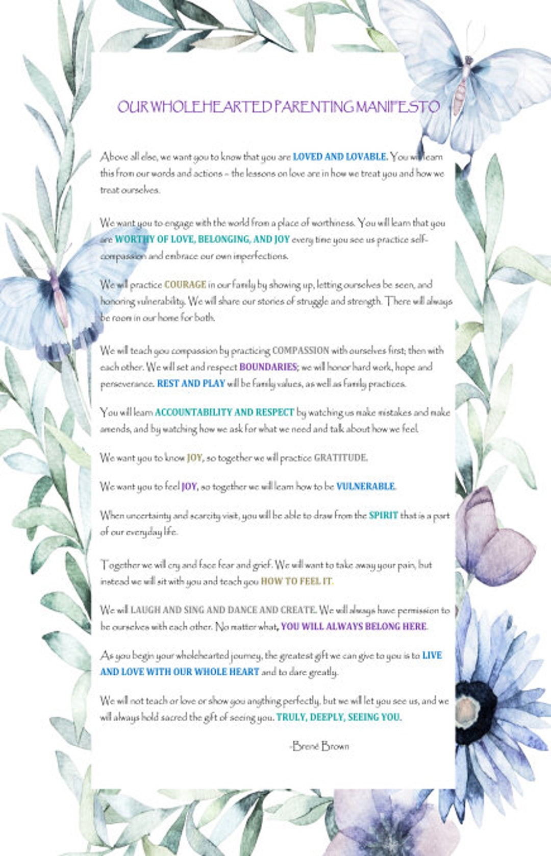 Brene Brown Parenting Manifesto, Inspirational Wall Art, Parenting Gift ...