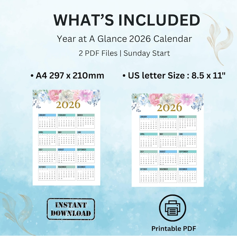 2026 Floral Calendar Printable | Year At-a-glance (PDF Download) - Etsy