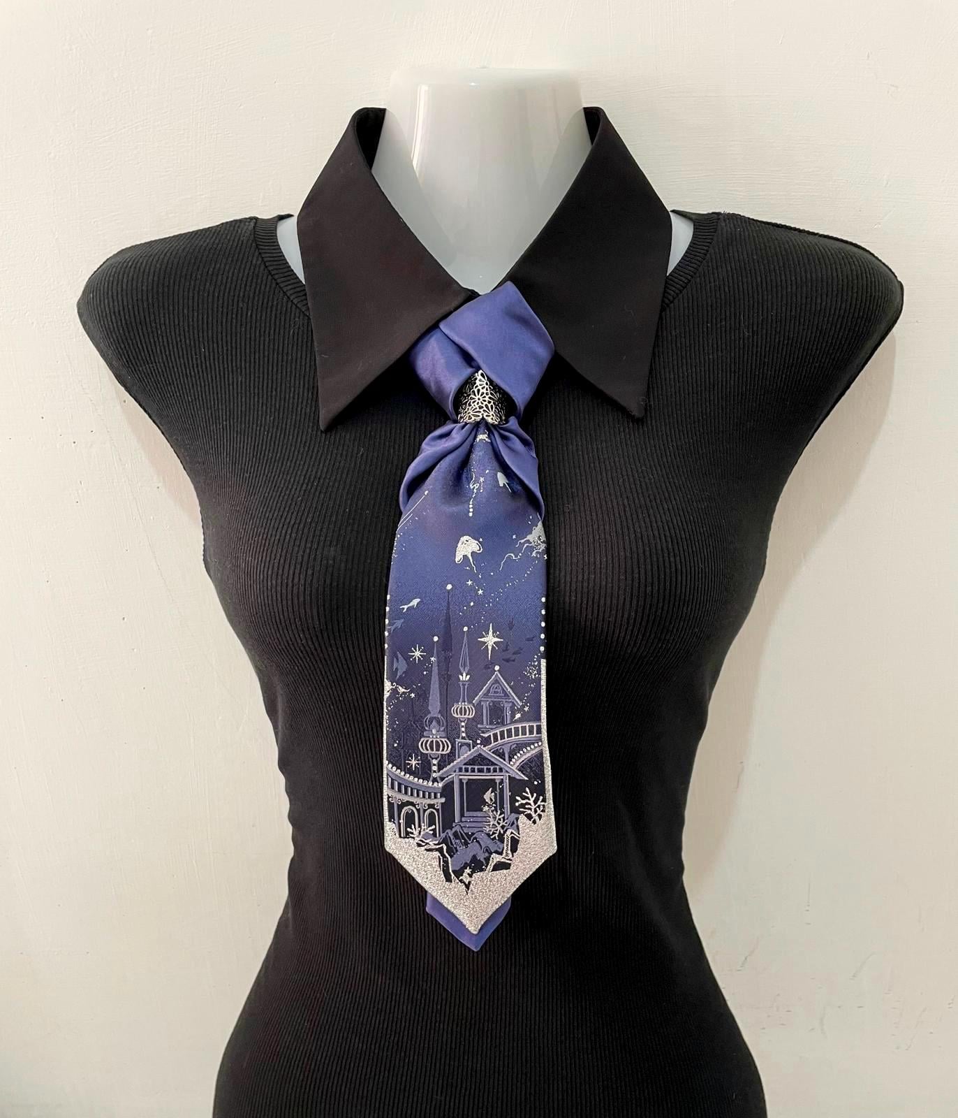 Oriental Fantasy Tie | Midnight Blue Art Tie for Women | Anime-inspired ...