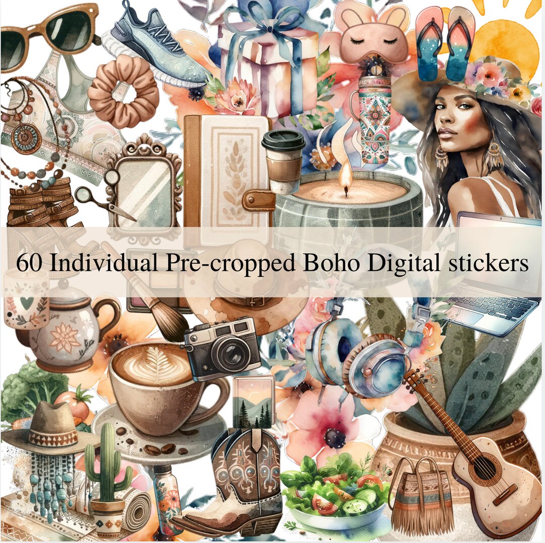 60 Individual Pre Cropped Transparent Colorful Boho Digital Stickers ...