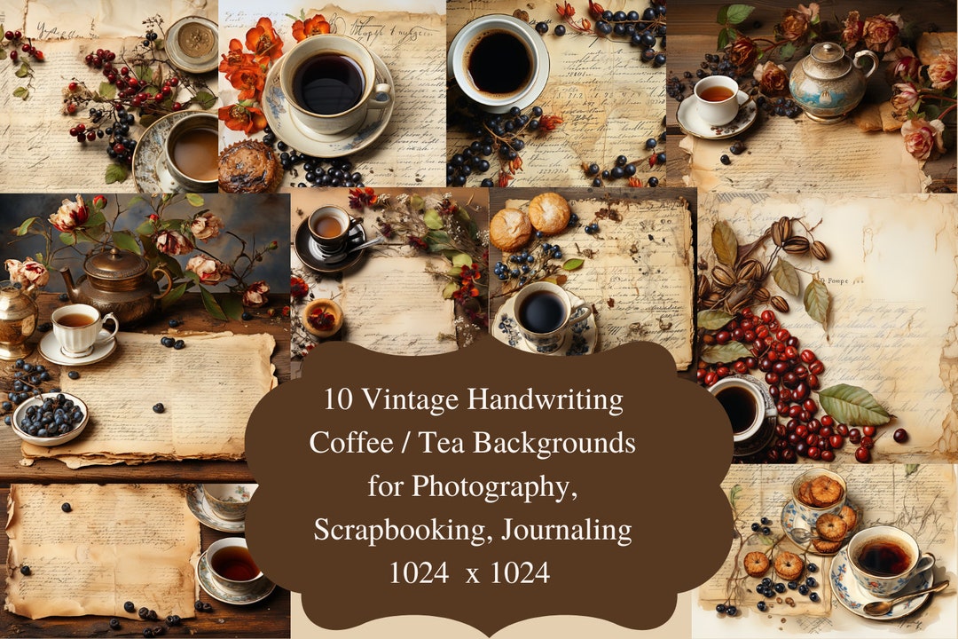 10 Vintage Handwriting Coffee Tea Scene Backgrounds. Digital Papers for ...