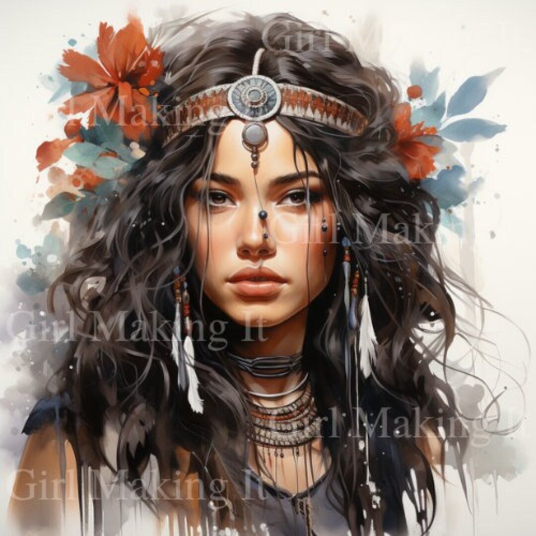 Watercolor Beautiful Dark Hair Woman, Native Princess Queen Warrior Art ...