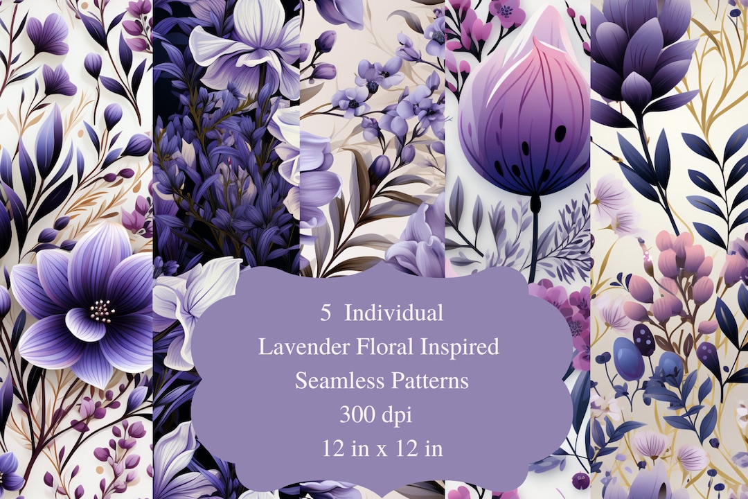 5 Individual Digital Lavender Purple Floral Seamless Patterns 300 Dpi ...