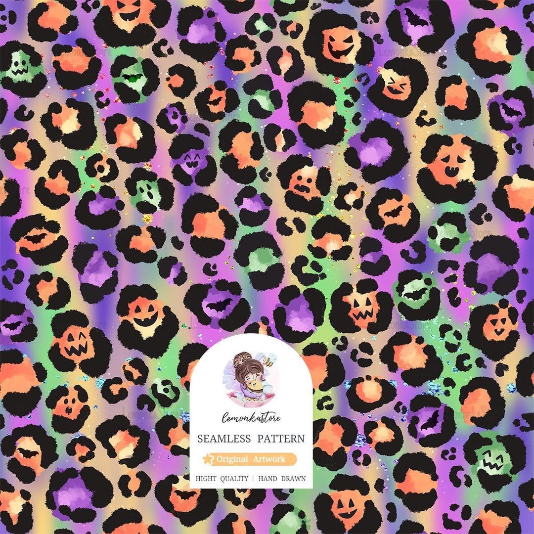 Halloween Leopard Print Seamless Pattern: Colorful Cheetah Design (PNG ...