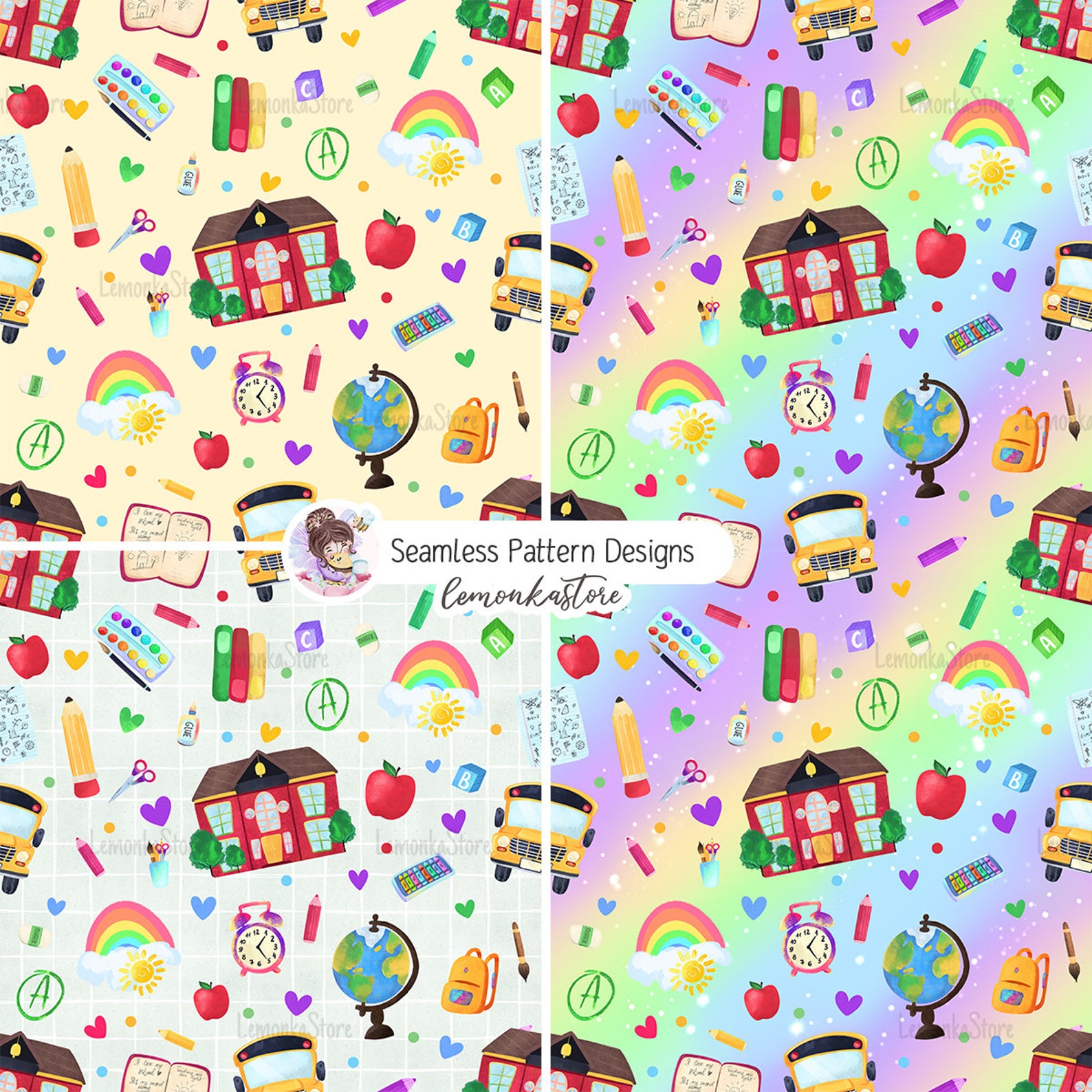 Back to School Seamless File, Kindergarten Digital Paper Seamless ...