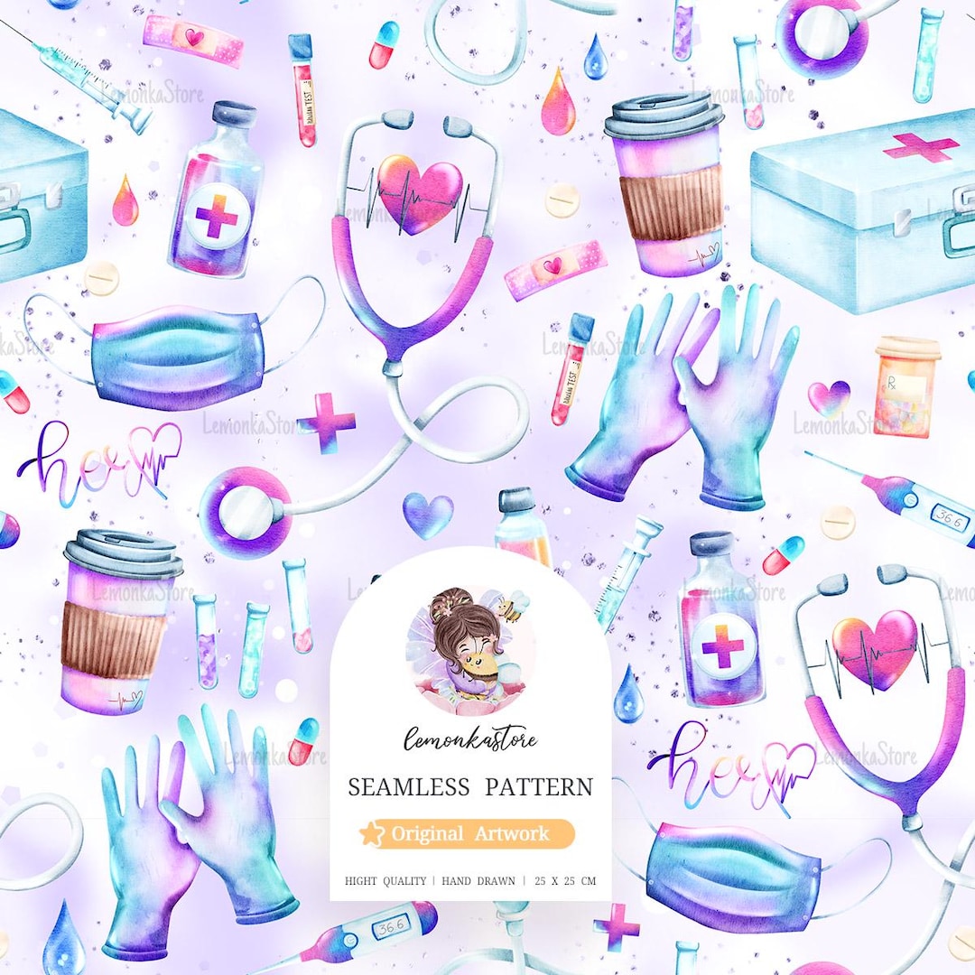 Nurse Seamless Pattern File, Watercolor Colorful Stethoscope Coffee ...