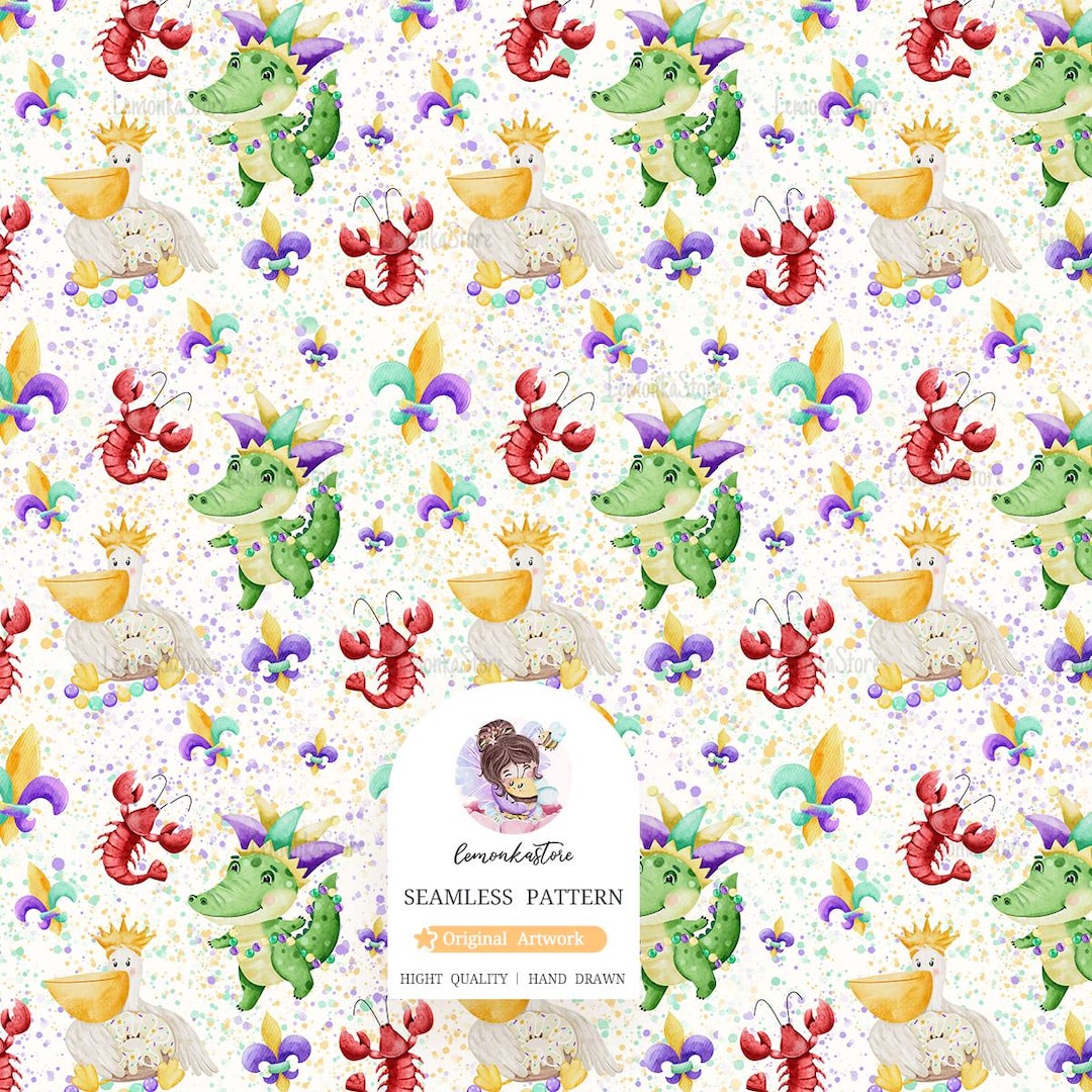 Alligator Crawfish Pelican Seamless Pattern, Mardi Gras Colorful Beads ...