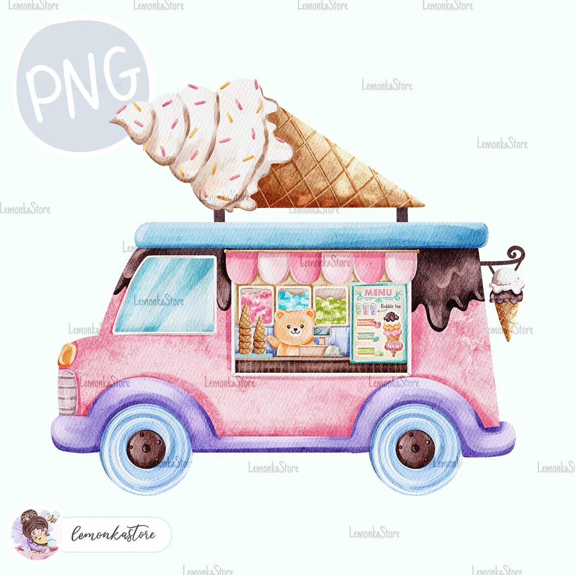 Ice Cream Truck PNG: Summer Clipart, Toddler Girl Sublimation (digital ...