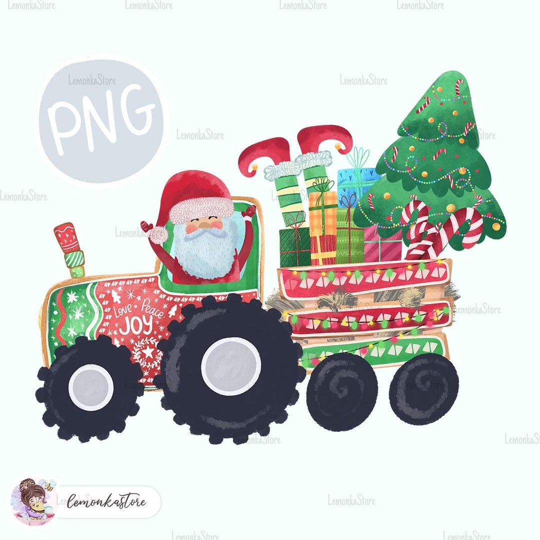 Santa Tractor Png Sublimation Designs, Watercolor Toddler Boy Christmas ...