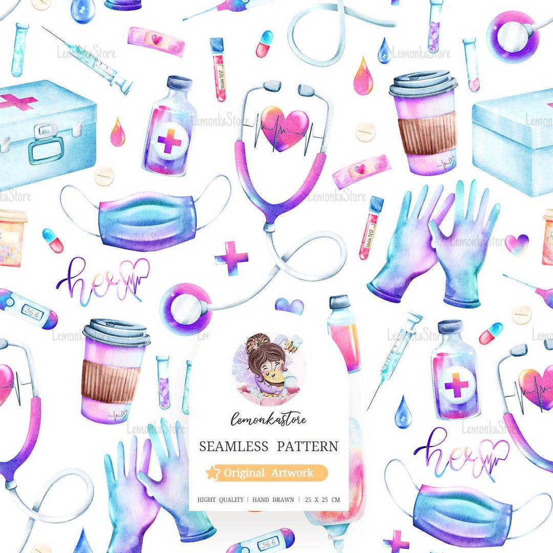 Colorful Nurse Seamless Pattern Design, Watercolor Medical Seamless ...