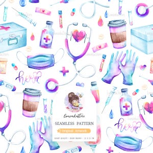 Colorful Nurse Seamless Pattern Design, Watercolor Medical Seamless ...