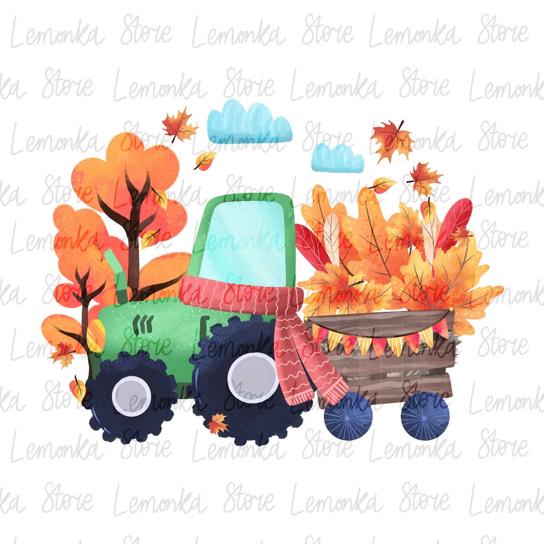 Fall Tractor With Scarf PNG: Kids Autumn Sublimation Design, DTF Print ...