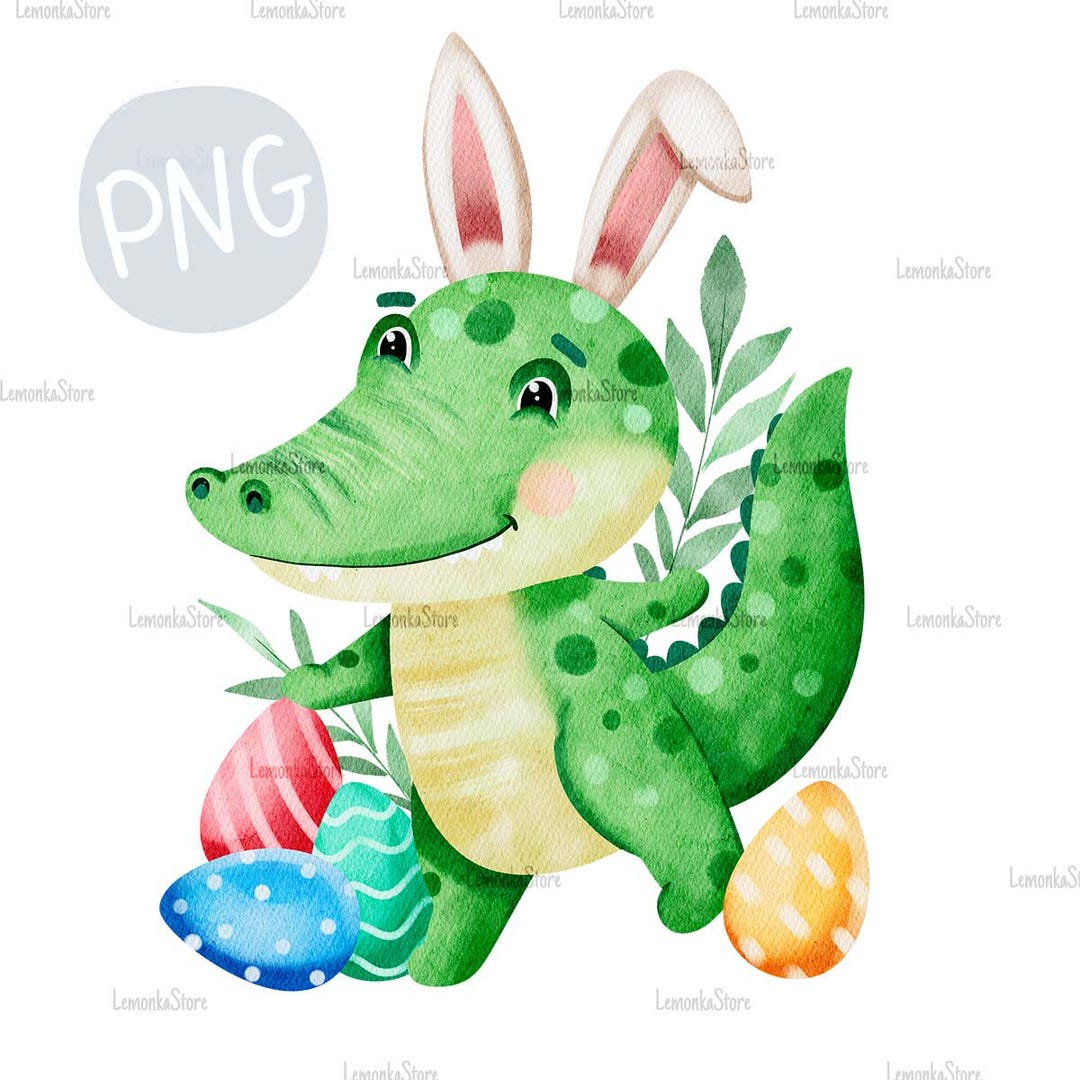 Easter Alligator With Bunny Ears PNG: Watercolor Clipart (digital ...