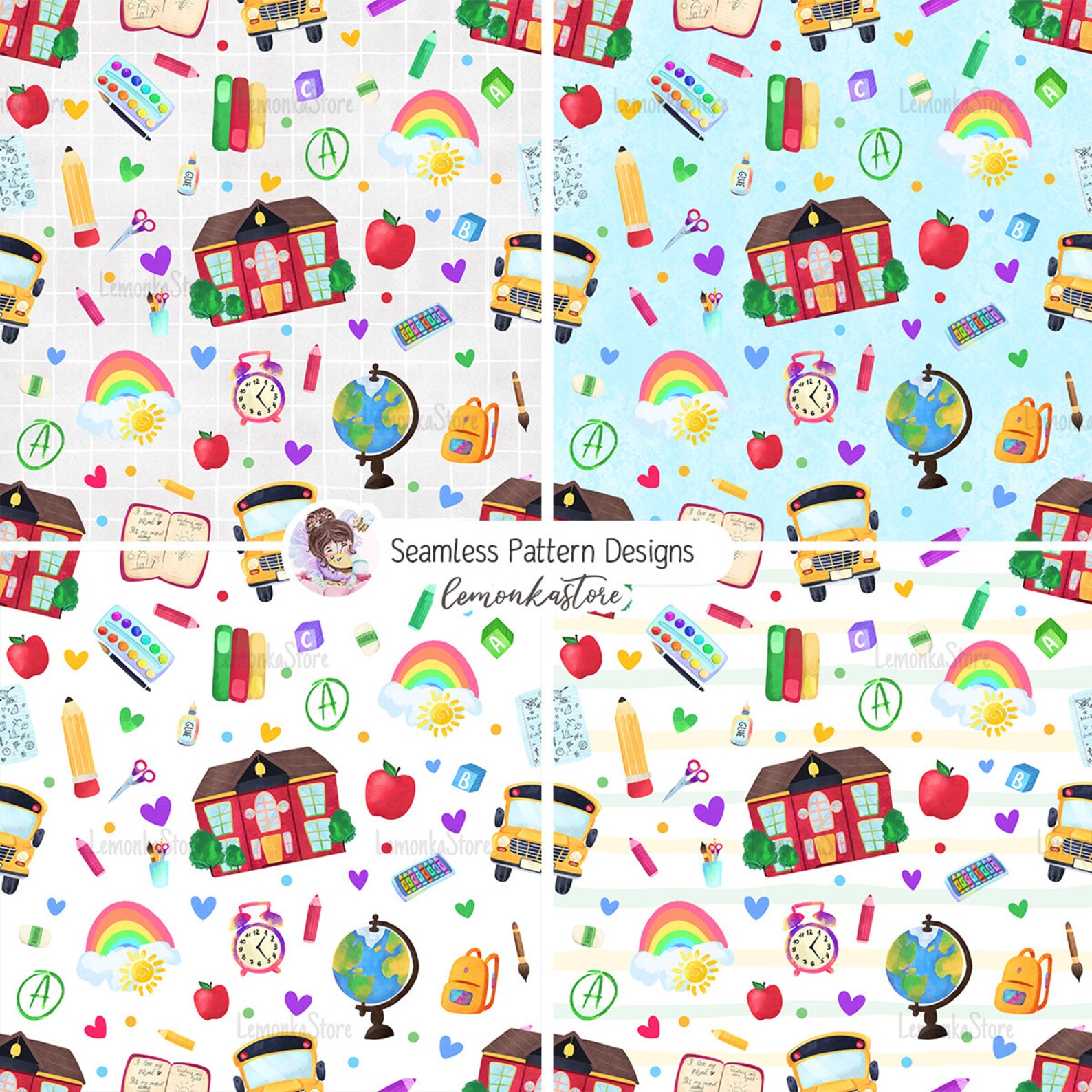 Back to School Seamless File, Kindergarten Digital Paper Seamless ...