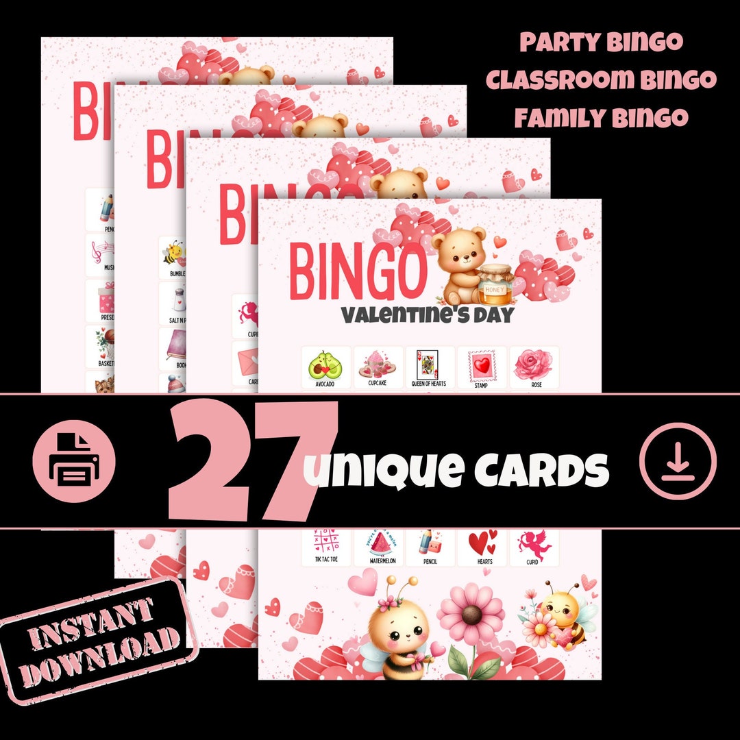 Printable Valentine Bingo Game, 27 Unique Bingo Cards W/labels ...