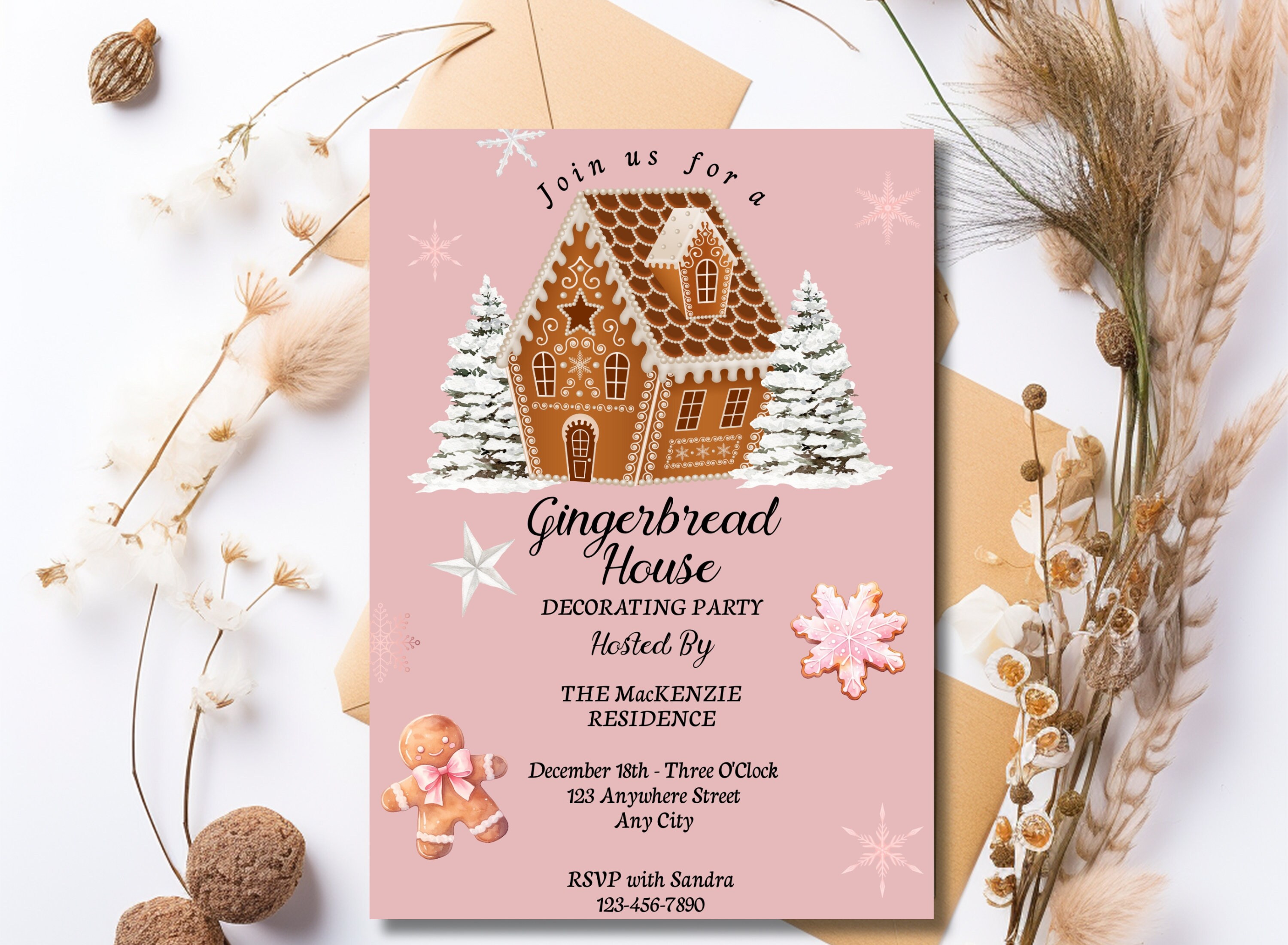 Editable Christmas Gingerbread House Decorating Party Invitation Pink ...