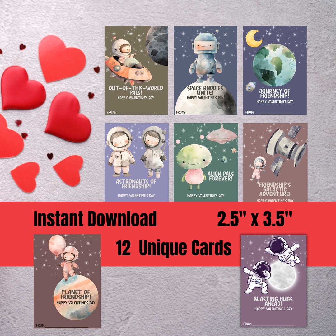 Outer Space Valentine's Day Cards for Kids, Printable Gift Tags ...