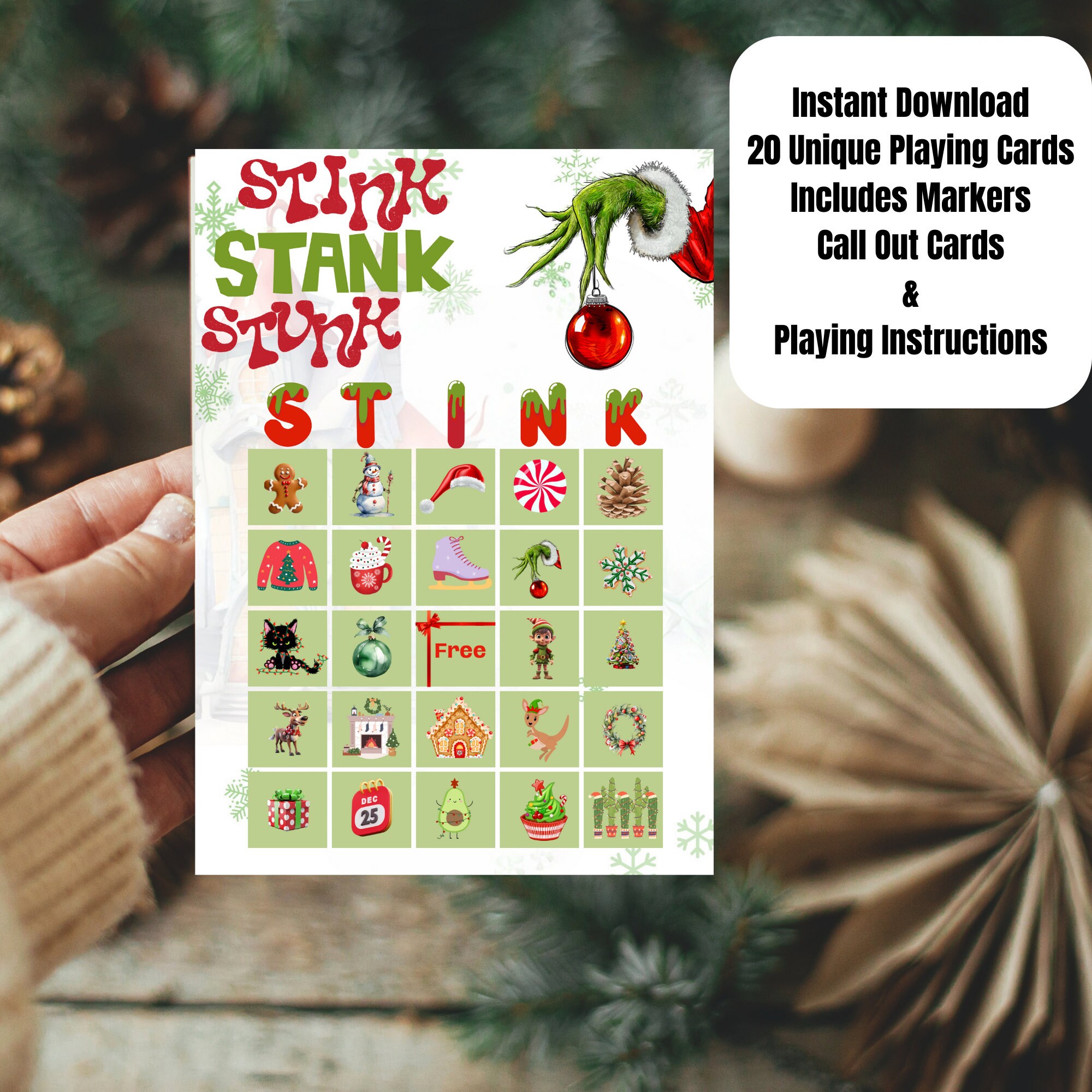 Grinch Stink Stank Stunk Bingo Game, 20 Unique Cards (digital Download ...