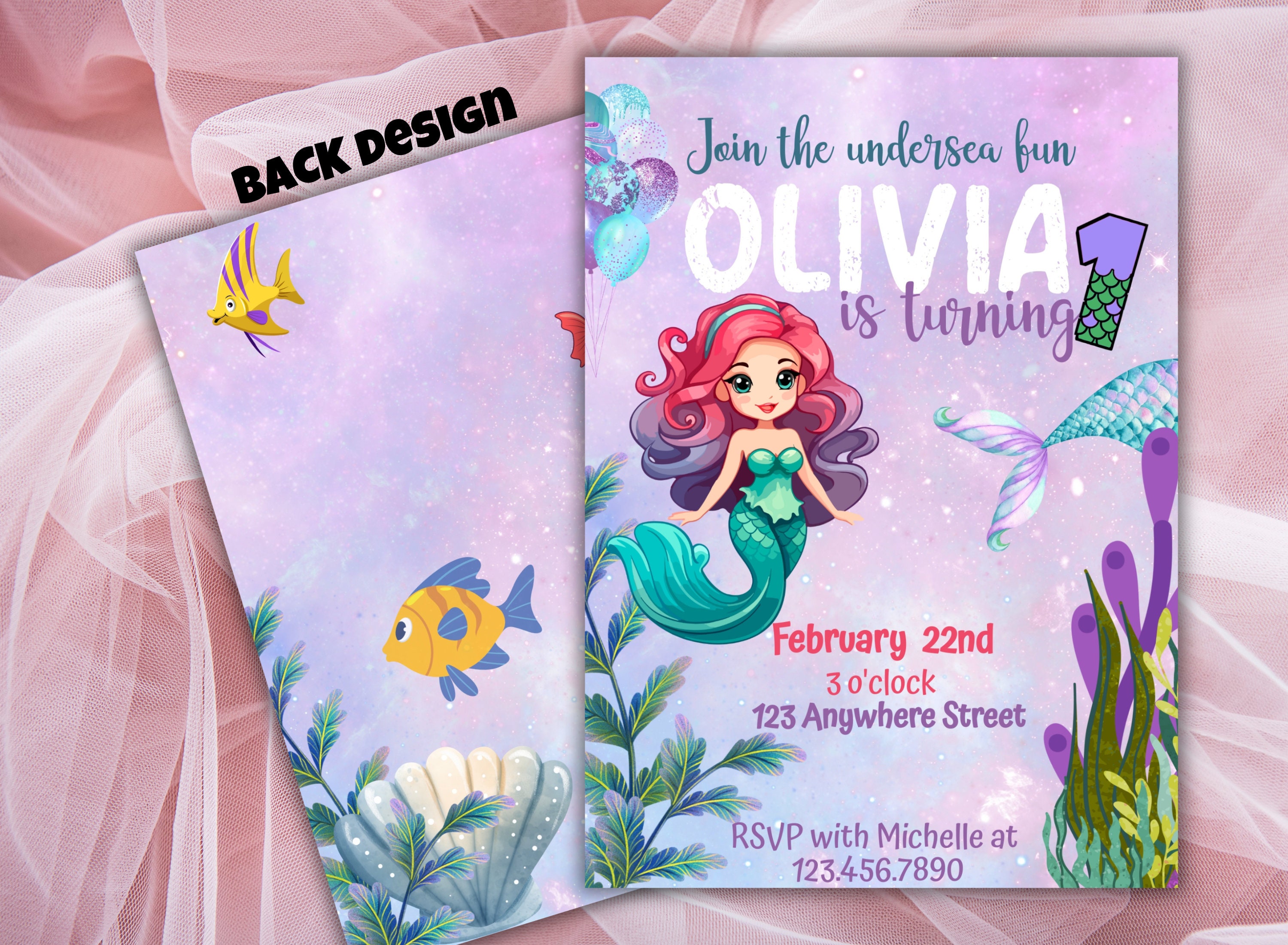 Editable Mermaid Purple Teal First 1st Mermaid Birthday Little Mermaid ...