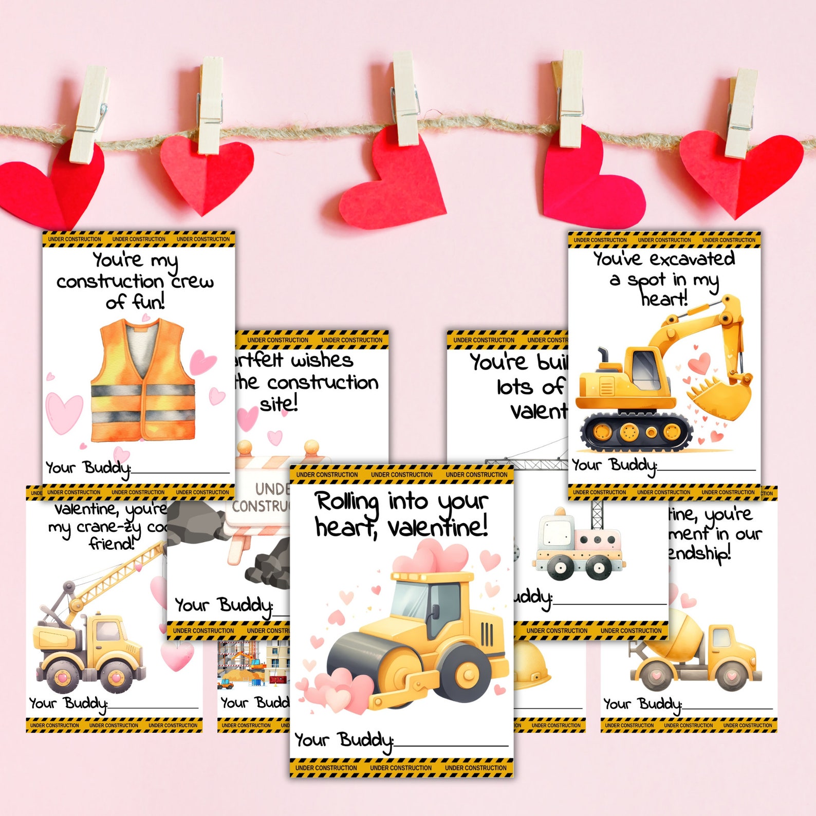 Printable Construction Valentine's Day Cards, Classroom Valentine's Day ...