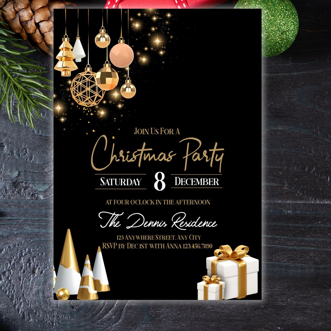 Editable Christmas Party Invitation Christmas Black Party Invite ...