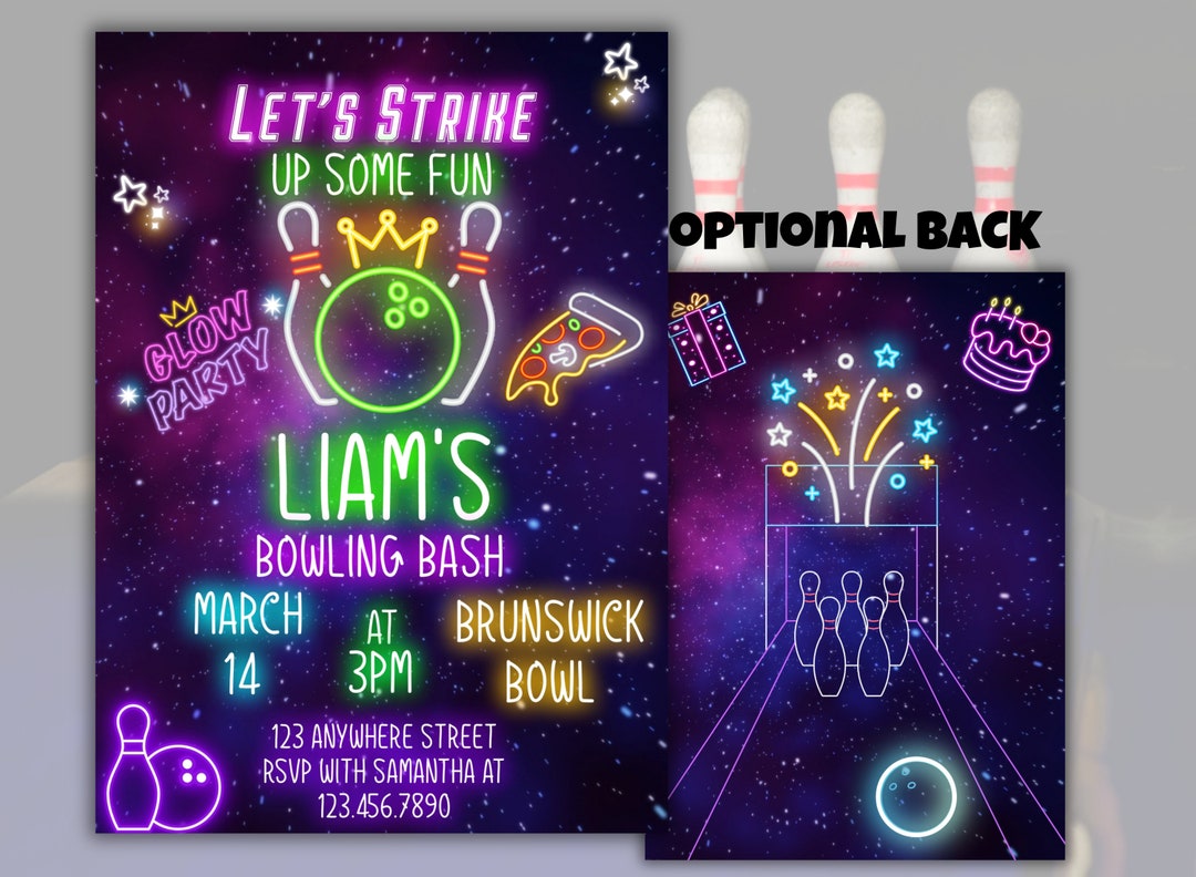 Neon Galaxy Bowling Birthday Invitation | Editable Party Invite ...