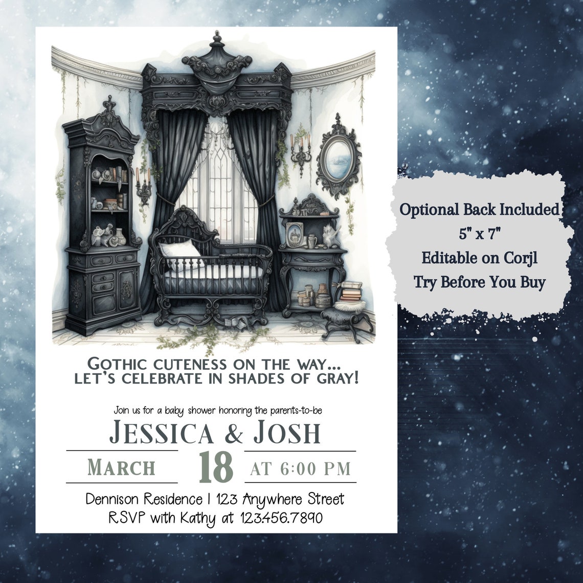 Gothic Baby Shower Invitation, Celebrate in Shades of Gray, Gothic Baby ...