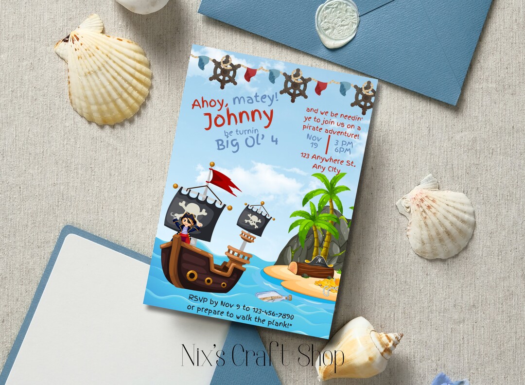 Ahoy Pirate Birthday Invitation Matey Pirates Birthday Party Girl Boy ...
