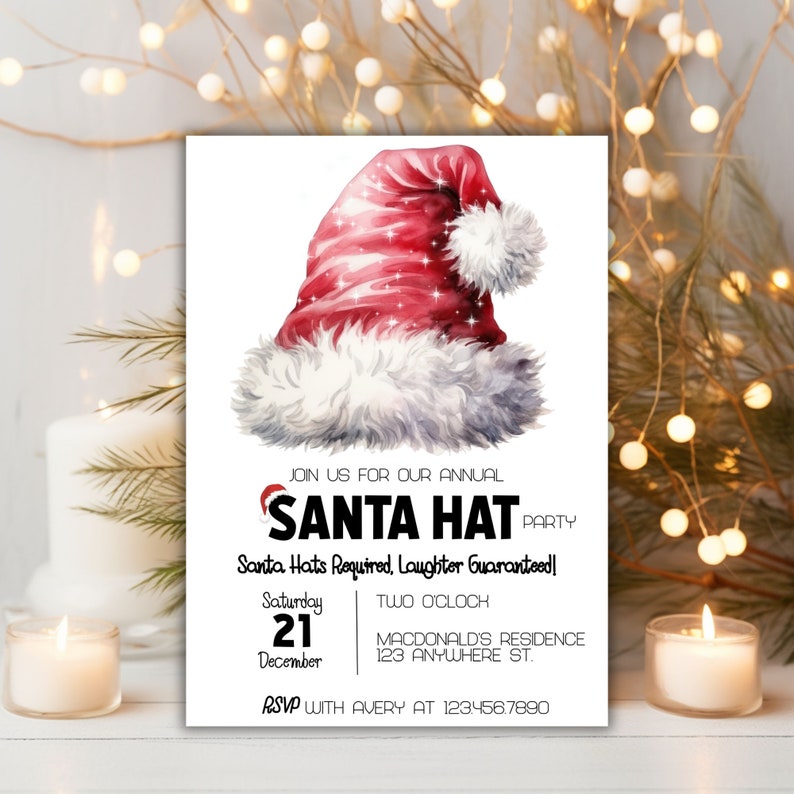 Santa Hat Party Editable Christmas Party Invitation, Holiday Dinner ...