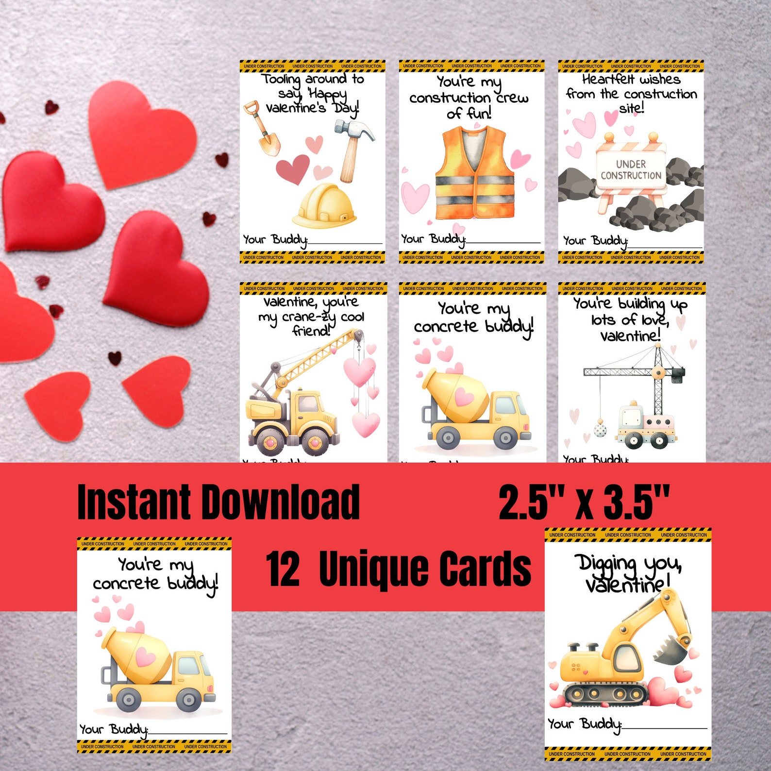Printable Construction Valentine's Day Cards, Classroom Valentine's Day ...
