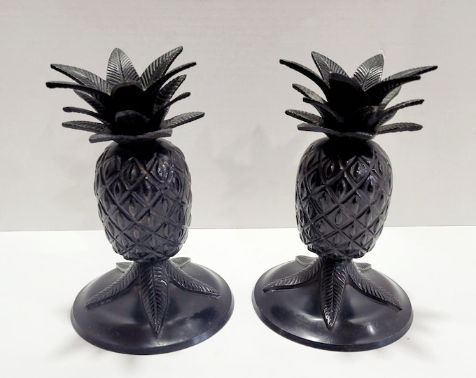 Black Pineapple Candle Holders, Vintage Black Cast Iron Pineapple ...