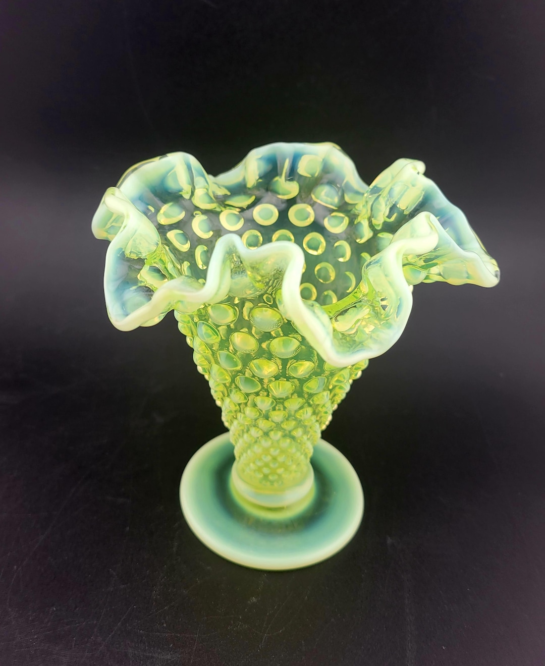 Fenton Yellow Topaz Hobnail Crimped Ruffled Vase, Glows, Vintage ...