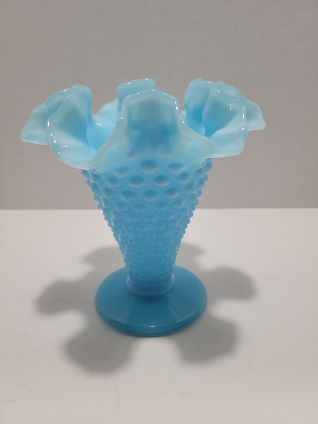 Fenton Blue Milk Glass Hobnail Footed Crimped Vase, Fenton Hobnail Milk ...