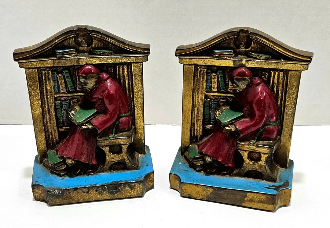 Antique Monk Cast Metal Book Ends, Religious Cast Metal Book Ends, Monk ...