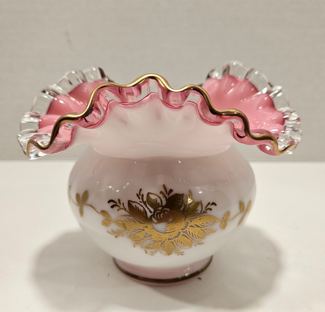 Vtg Fenton Peach Crest Charleston Melon Vase Hand Painted Gold Floral ...