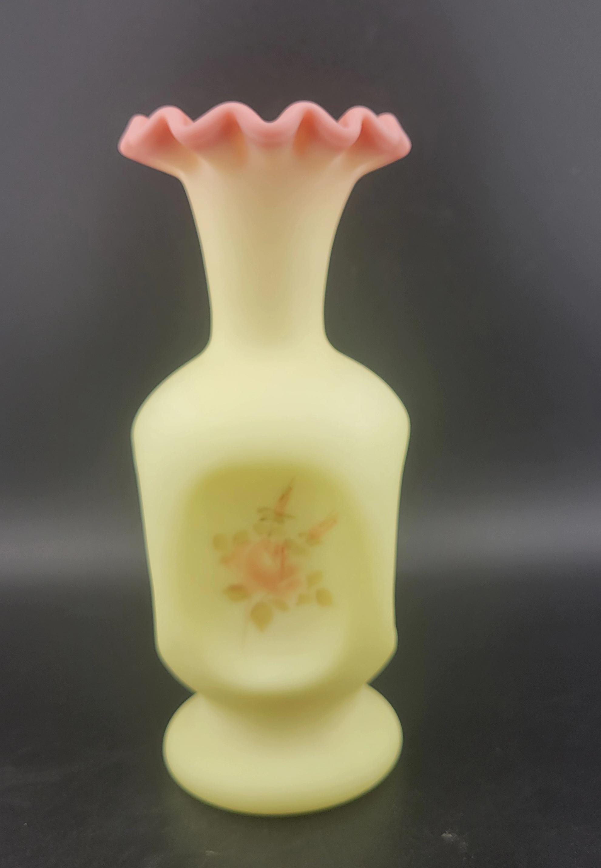Fenton Vaseline Burmese Hand Painted Artist Signed Satin Rose Vase ...
