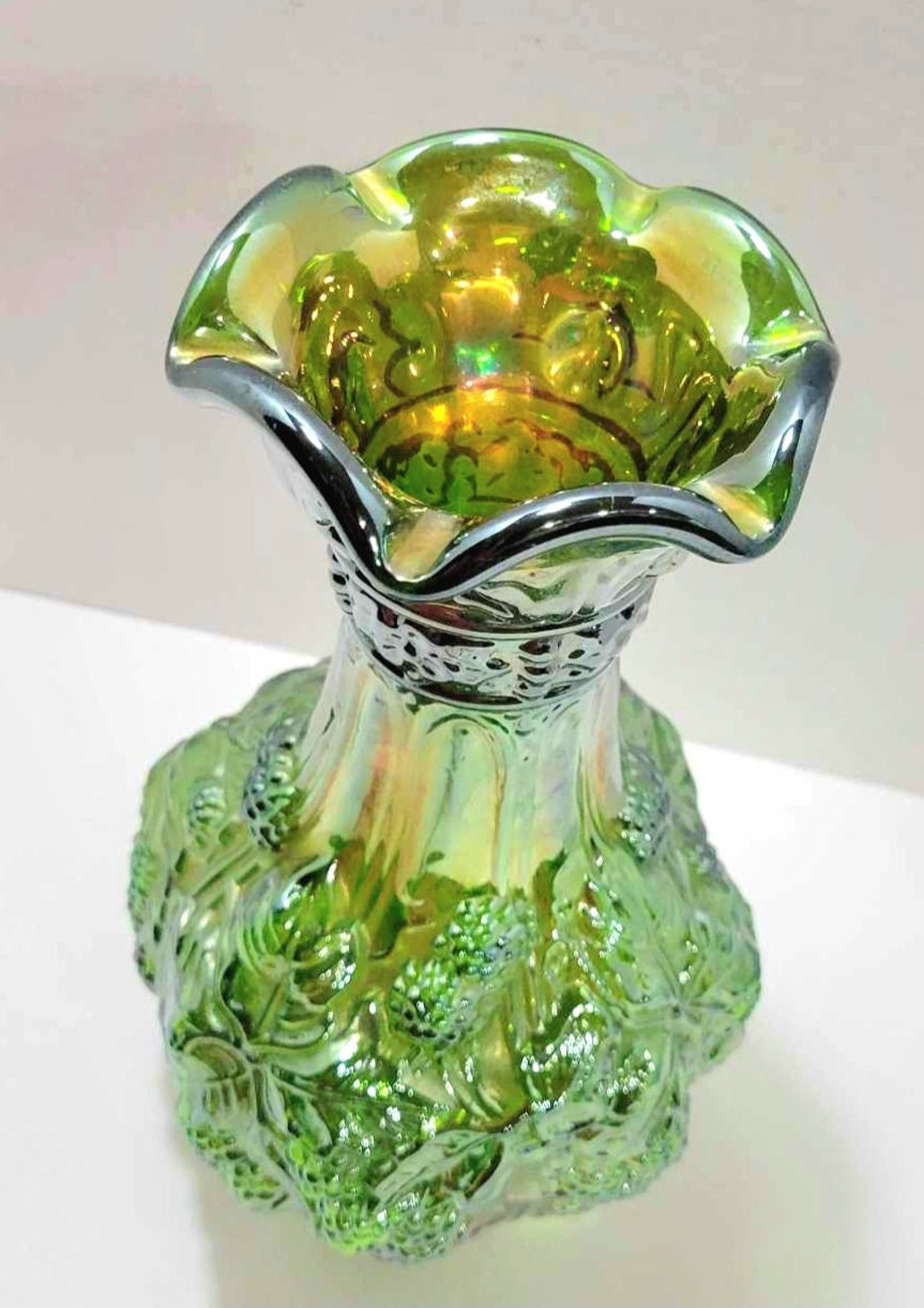 Vintage Green Imperial Carnival Glass Loganberry Vase, Imperial Glass ...