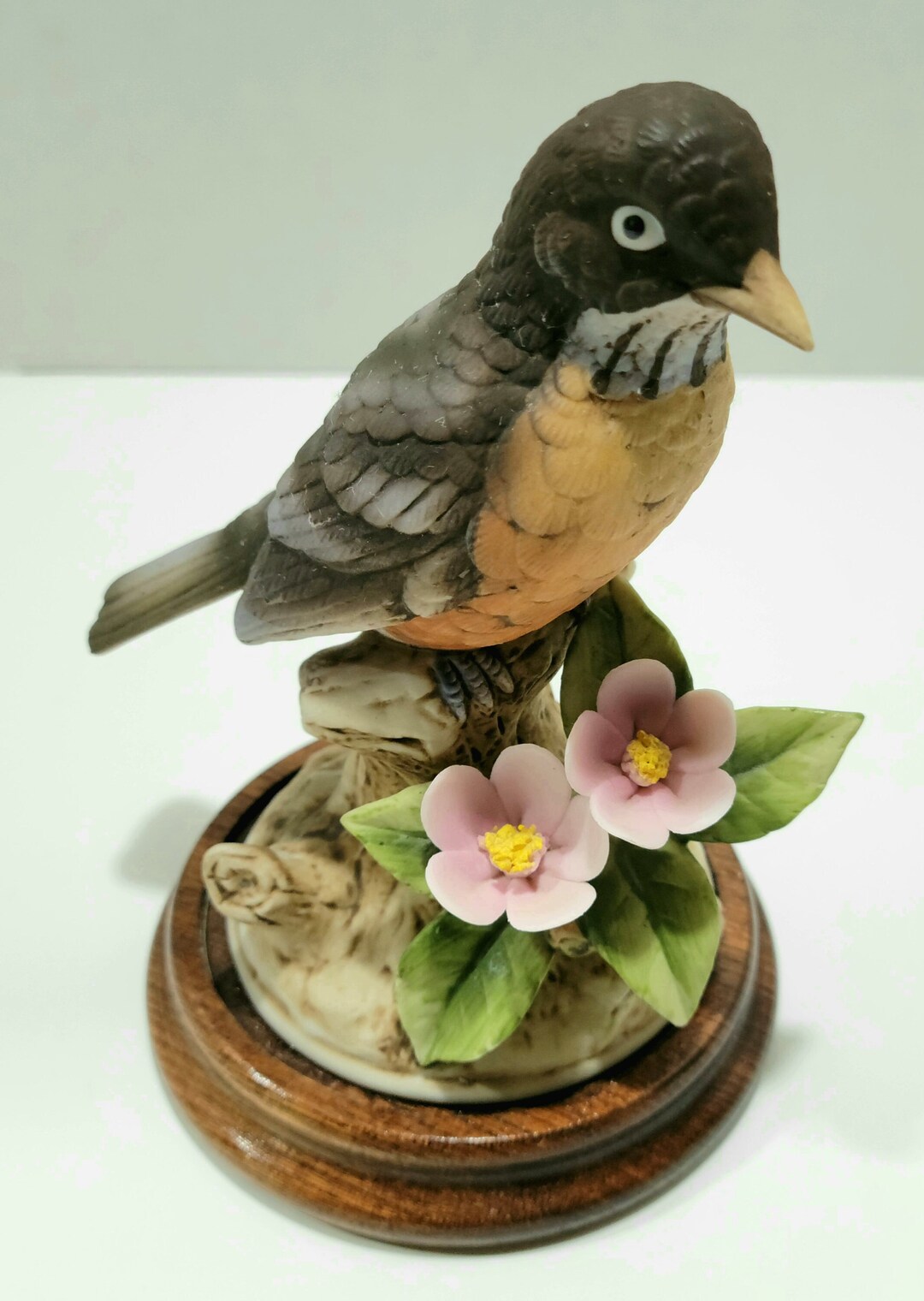 Vintage Andrea by Sadek Robin Perched on a Stump With Pink Flowers ...