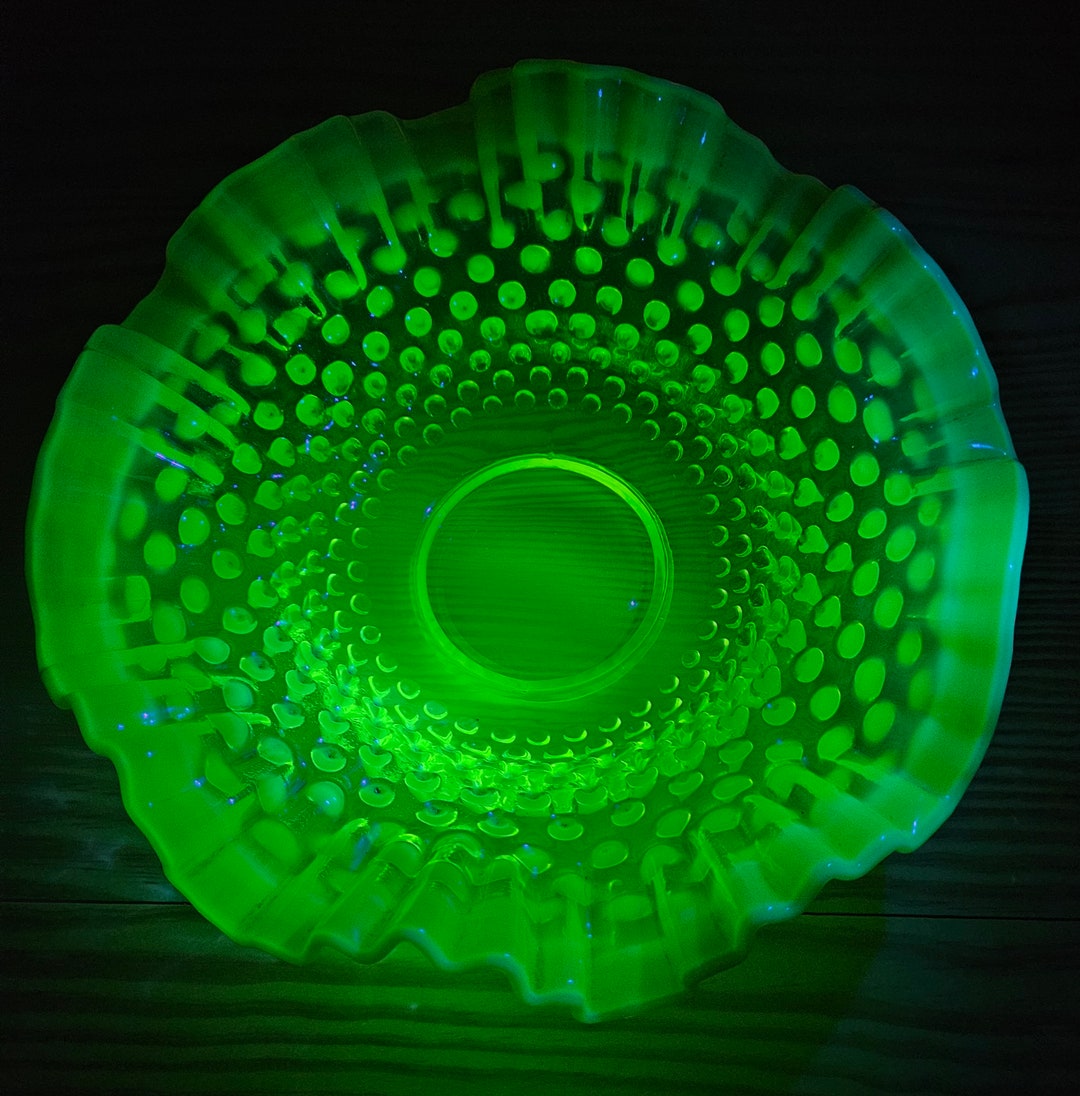 Vintage Fenton Hobnail Uranium Glass Ruffled Edge Bowl, Fenton Uranium ...