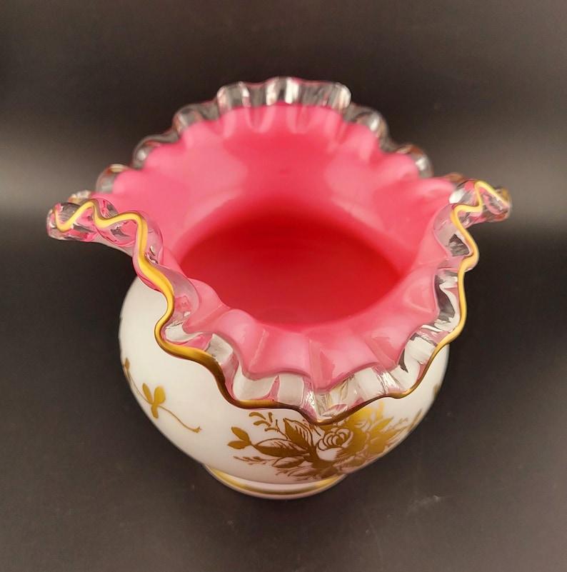 Vtg Fenton Peach Crest Charleston Melon Vase Hand Painted Gold Floral ...