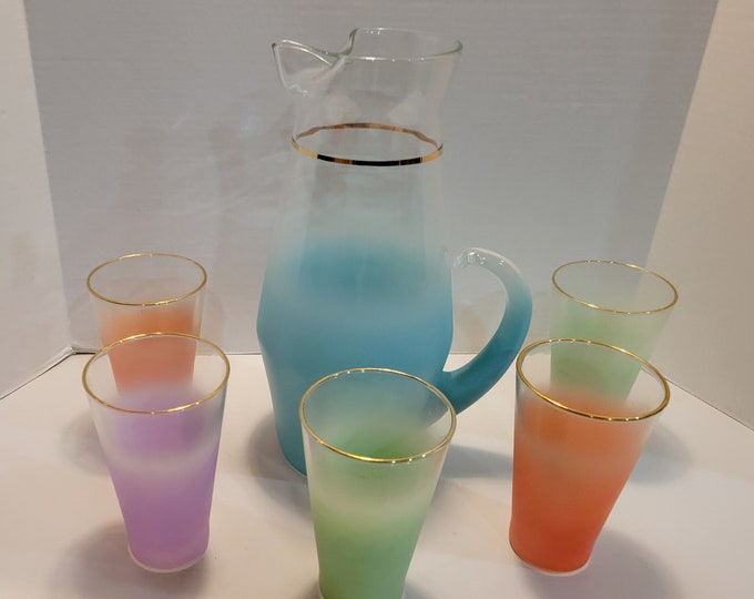 Blendo Frosted Glass Pitcher Set, Vintage Blendo Glasses, MCM, Retro ...