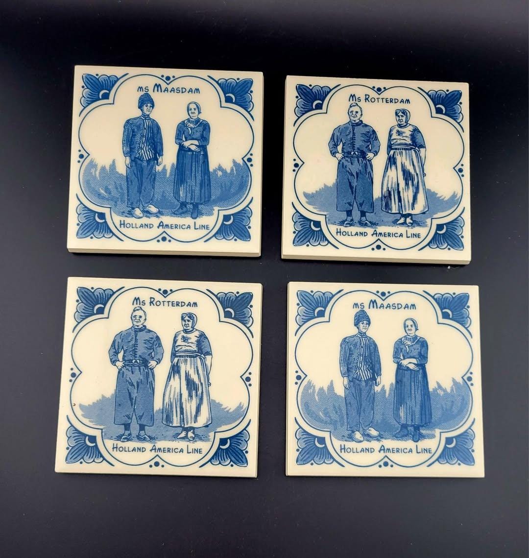 Holland America Line Tile Coasters Delft Blue Ceramic Lot of 4 Coasters ...