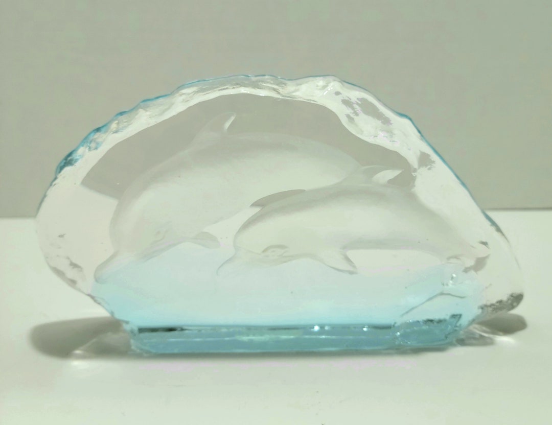 Vintage Blue Dolphin Etched Glass Paperweight With Beveled Bottom ...