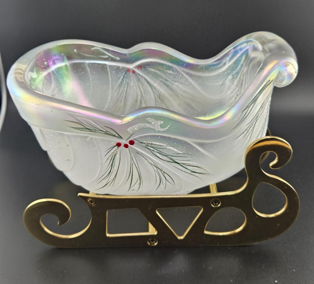 Signed Fenton Glass French Opalescent Woodland Frost Sleigh W/brass ...