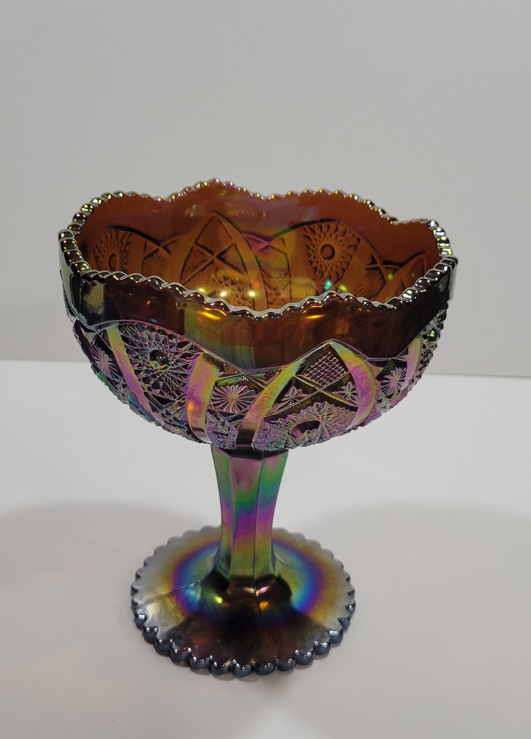 Vintage Carnival Glass Compote, Carnival Glass, Iridescent Glass ...