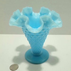 Fenton Blue Milk Glass Hobnail Footed Crimped Vase, Fenton Hobnail Milk Glass, Fenton Crimped ...