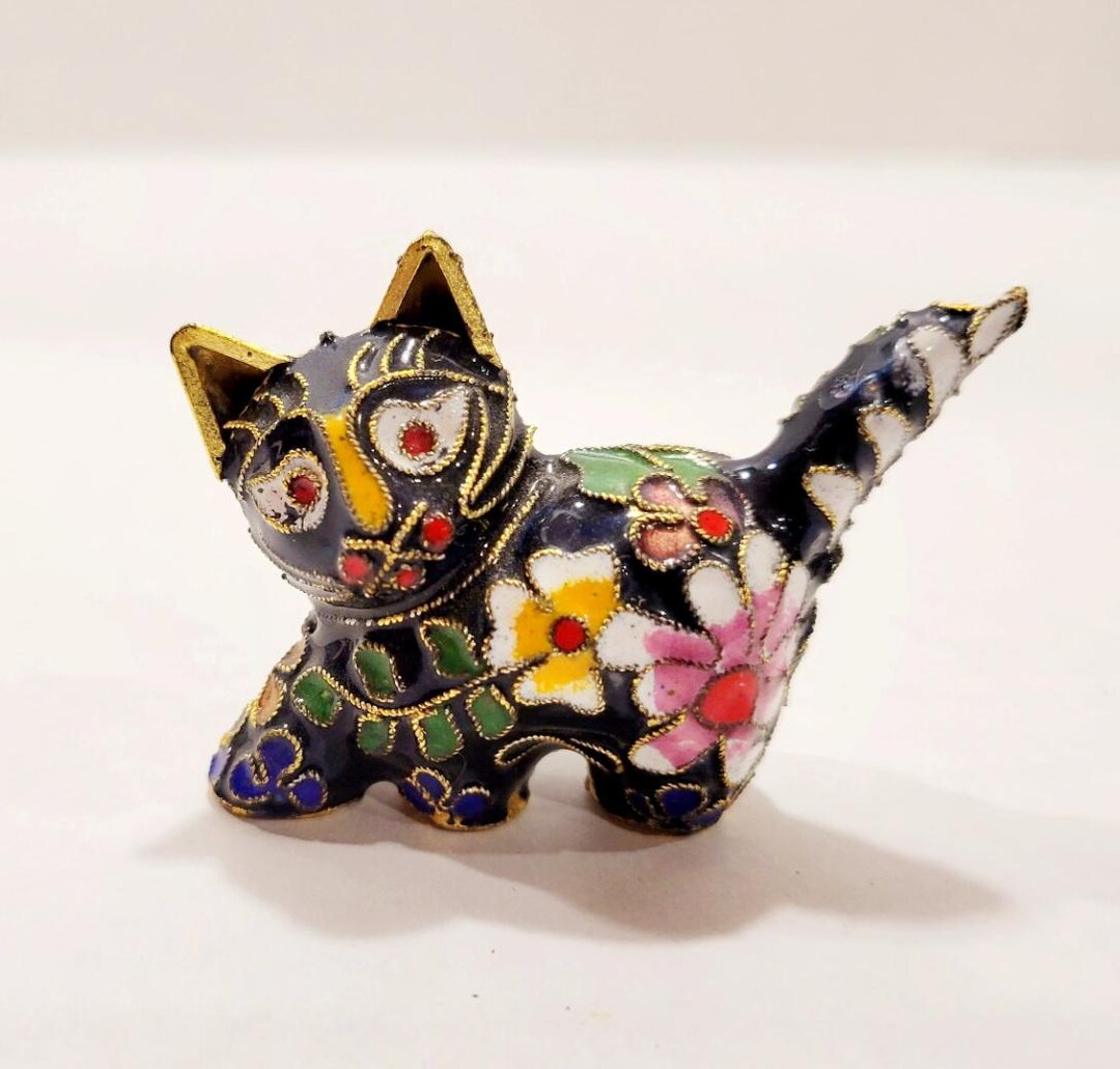 Cloisonne Cat, Cat Figurine, Black Cat, Cloisonne, Cloisonne Black Cat ...