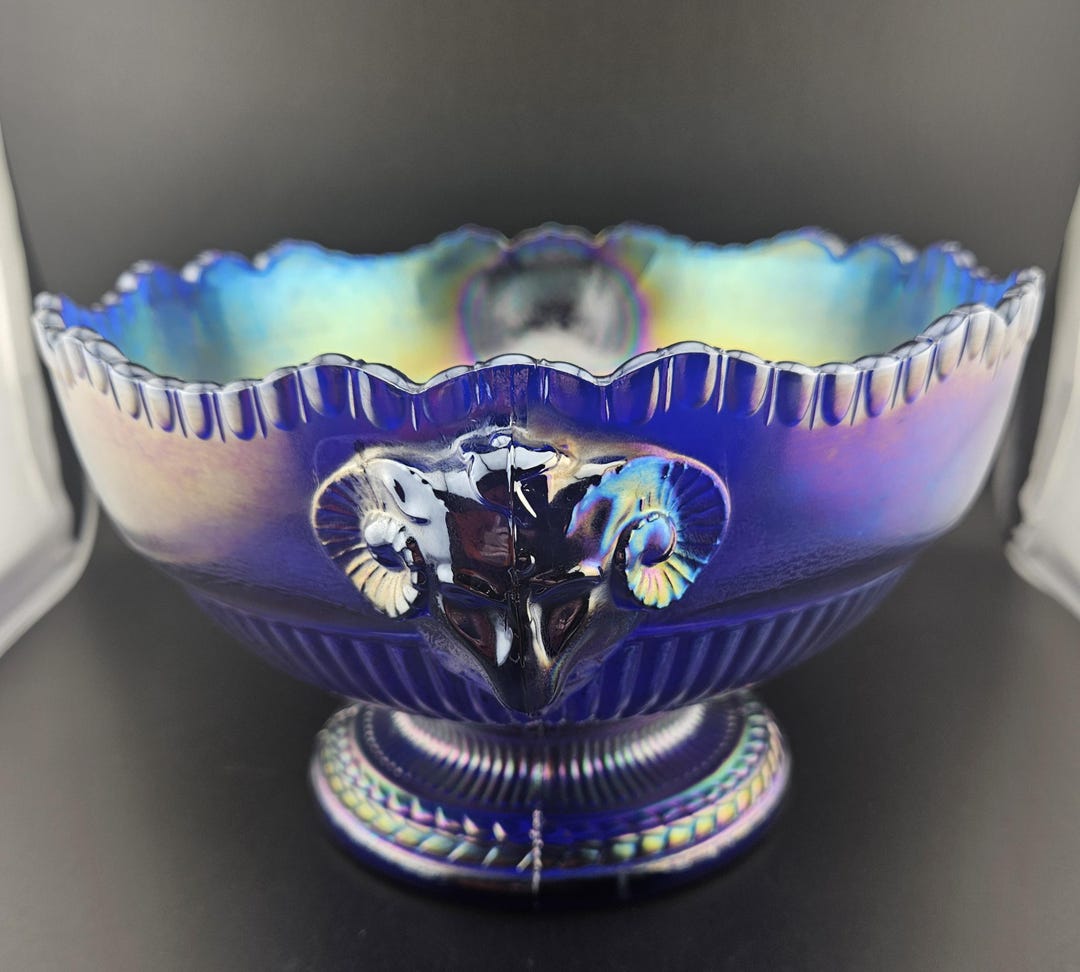 Vtg Imperial Glass Iridescent Cobalt Blue Rams Head Bowl Centerpiece ...